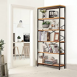 Solid Open Book Shelves, 71 Tall Modern Bookshelf 6 Foot, Free Standing Display Shelving Unit, 5 Tier Industrial Bookcase for Living Room Bedroom - Black Metal Frame & Rustic Cherry Wooden Shelves