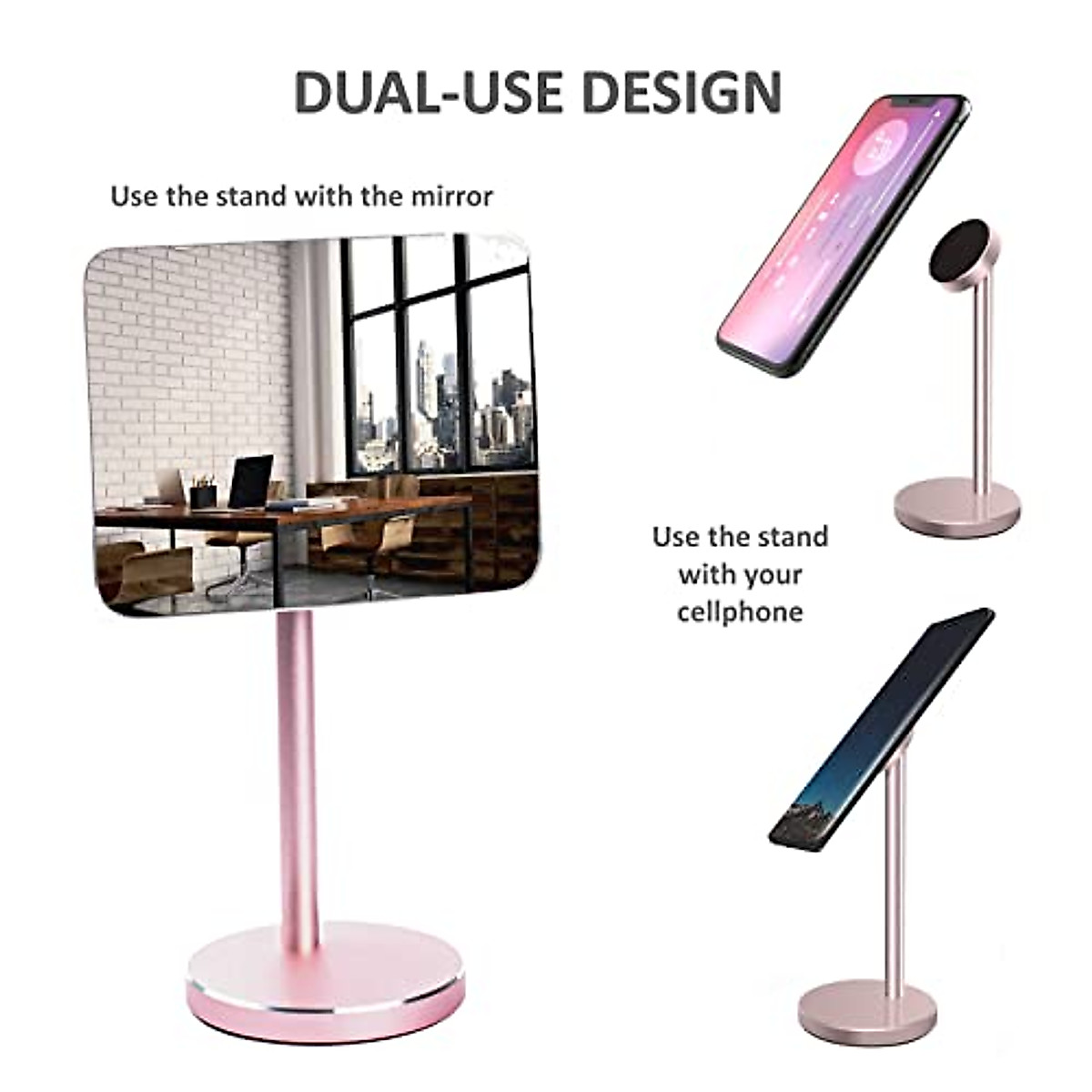 Desk and Cubicle Mirror to see behind you, ROSE-GOLD Stand with detachable Wide Angle real glass Mirror, SMALL & DISCRETE, beautiful design, perfect curvature for an exceptionally clear view