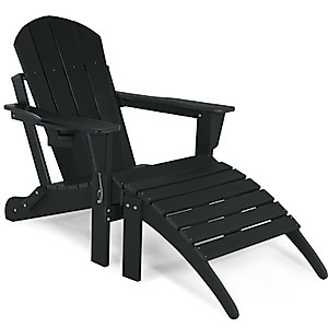 ABCPATIO Folding Adirondack Chair with Footrest - Outdoor Weather Resistant Plastic Adirondack Chairs with Detachable Ottoman, Stackable Seating with Cup Holder for Patio (Seat Width 20", Black)