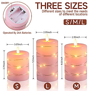 Upinmz Flameless Candle Battery with String of Lights Battery Powered LED Candle Flashing Candle with Remote Control and Timer 3 Packs (Pink)