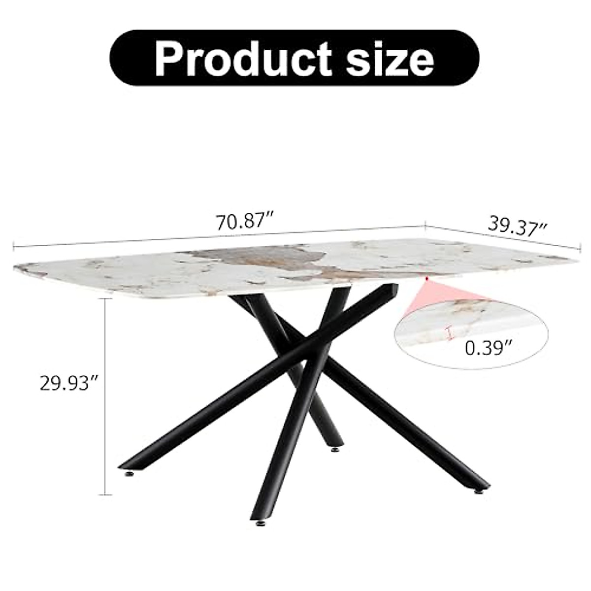 71" Modern Kitchen Rectangular Glass Dining Table, Imitation Marble Black Table top and Gold Metal Legs, Fiber Tempered Glass, Living Room Glass Table, Conference Room Glass Table (White + Black)