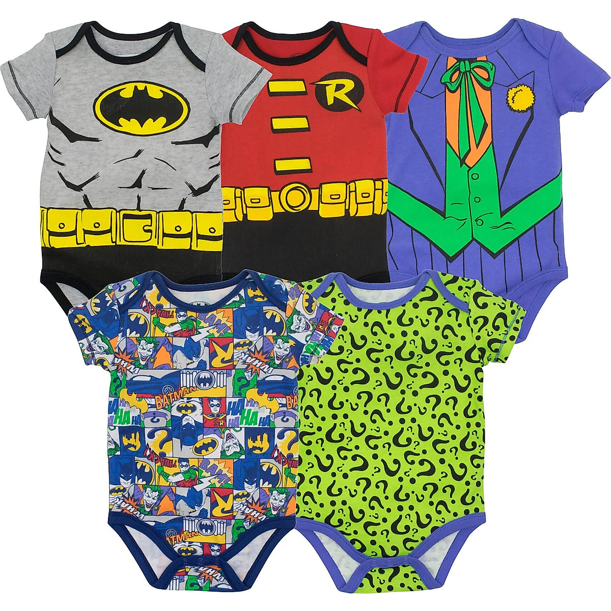 WARNER BROS DC Comics Justice League Batman Joker Riddler Newborn Baby Boys 5 Pack Short Sleeve Bodysuits Superheroes 3-6 Months