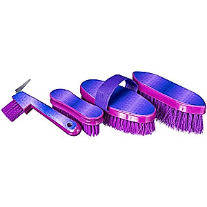 Tough 1 Printed 4 Piece Grooming Brush Set with Hoof Pick- Purple Chevron