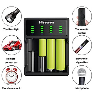 Universal 18650 Battery Charger 4 Bay, Hisewen Smart LCD Display Charger for 3.7V Li-ion Rechargeable Batteries 18650 18350 17670 16340 RCR123 14500 LiFePO4 INR ICR Ni-MH Ni-CD AA AAA