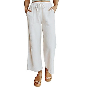Dokotoo Women's Ladies Plus Size Fashion Summer Beach Casual Linen Elastic High Waisted Drawstring Comfy Elegant Wide Leg Loose Work Office Long Palazzo Pants for Women Trousers with Pockets White M