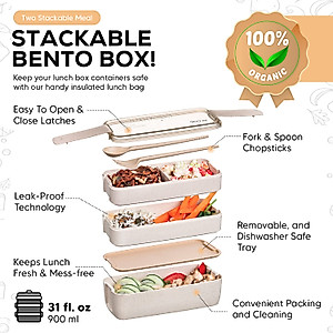 TARLINI | Premium Beige Bento Box for Adults - 3-Stackable Containers - Ideal for Work & On-The-Go - Includes Utensil Set - Eco-Friendly Design - Lunch Box Containers for Healthy Meal Prep | 35 oz
