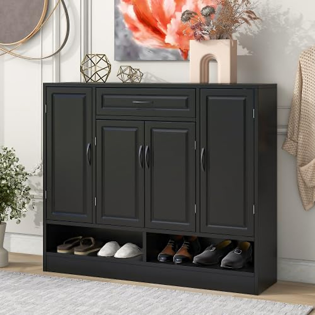 FridayParts Sleek and Modern Cabinet with Adjustable Shelves, Minimalist Shoe Storage Organizer with Sturdy Top Surface, Space-Saving Design Side Board for Various Sizes of Items, Black