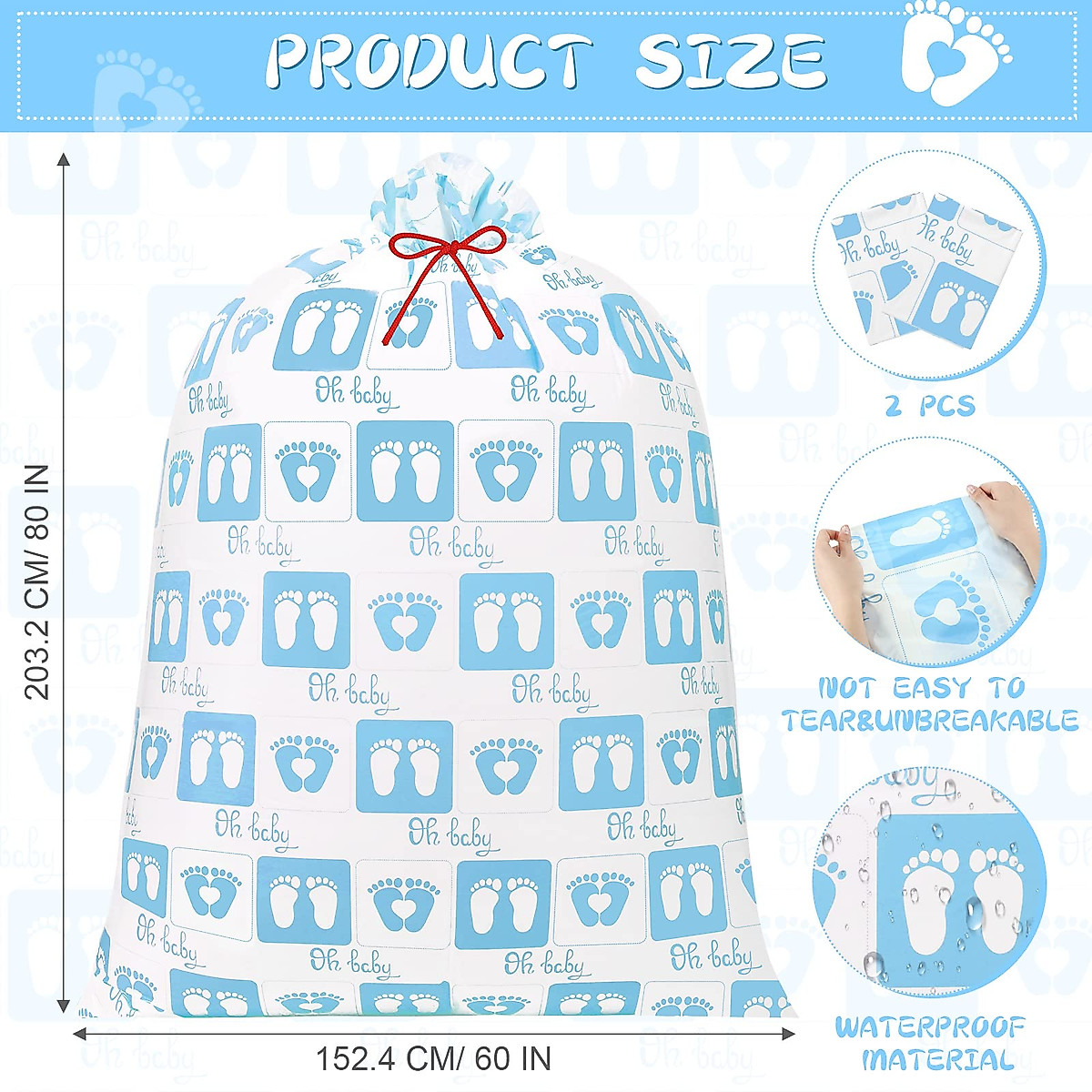 Yingzhao 2 Pcs 80 x 60 in Jumbo Bike Gift Bags Extra Large Baby Footprint Gift Bags Large Plastic Present Bags Birthday Gift Sack for Girl Boy Heavy Large Birthday Party Gifts Bags Baby Shower(Blue)