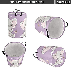 Personalized Butterfly Elephant Purple Laundry Hamper with Name Text Storage Clothes Basket Foldable Laundry Bag with Handles