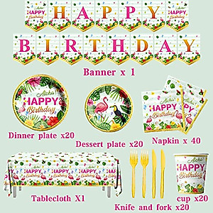 Luau Party Supplies,142pcs Aloha Birthday Tableware (Serves for 20) Hawaiian Theme Plates Cups Tablecloth Napkins for Tropical Birthday Party Decoration