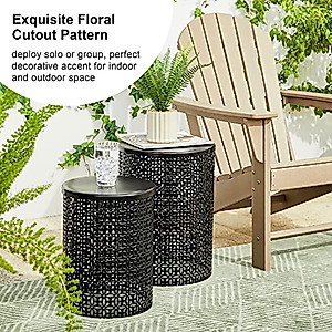 glitzhome Nesting Side Table Set of 2 Decorative Garden Stools for Indoor Outdoor Heavy Duty Metal Frame Side Table Modern End Table, Glossy Black
