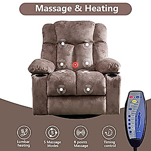 INZOY Massage Swivel Rocker Recliner with Heat and Vibration, Manual Swivel Rocking Recliner Chair with Vibrating Massage, Soft Fabric Heated Recliner Comfy Overstuffed Recliner with Cup Holder, Brown