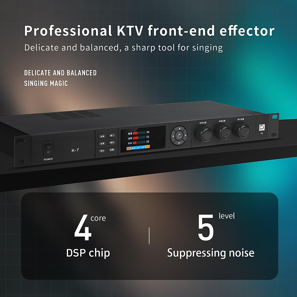 FULODE K-7 Professional KTV Pre-Effector Household ReverberatorKaraoke Anti-Howlino Audio Processr Al ioital Eulrzation Function Mixer Bluetooth optical,USB PC Connection Control,remote contro
