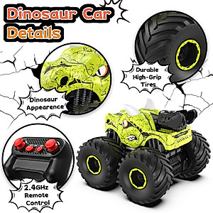 ScharkSpark Dinosaur Remote Control Car, 2.4GHz Monster Trucks for Boys Girls with Light, Sound & Spray, Dinosaur Toys Gift for Kids 3 4 5 6 7 8, All Terrain RC Cars for Toddlers with 2 Batteries