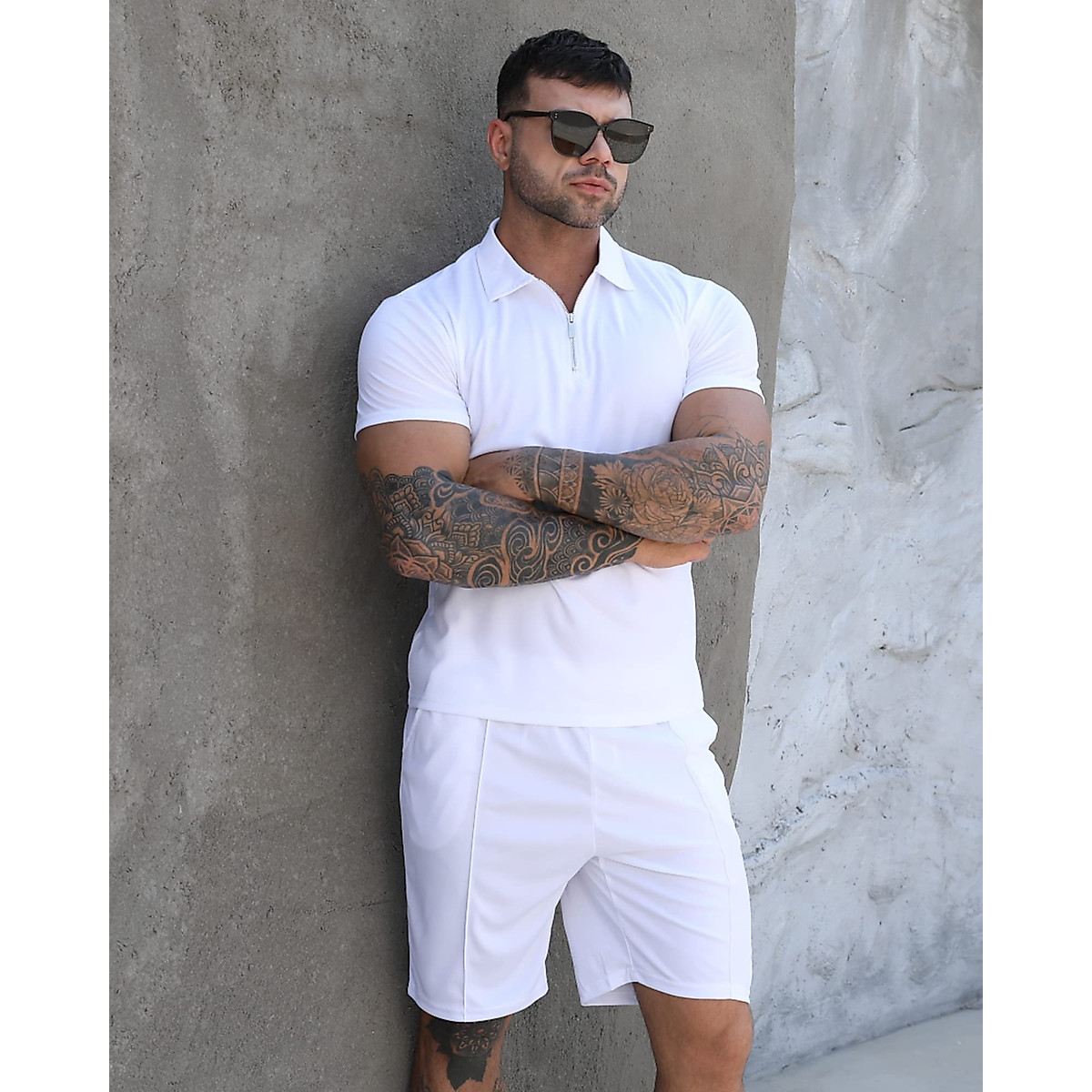 RPOVIG Shirts Shorts Outfits Mens Summer Casual Tracksuit 2 Piece set Zip for Golf Gym Workout