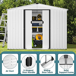 Crownland Outdoor 6 x 8 Feet Storage Shed Backyard Garden Vented Tool House with Sliding Door Outdoor Lawn Steel Roof Sheds (Cool White)