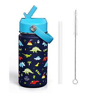 Lehoo Castle Kids Insulated Water Bottle, 14oz Kids Water Bottle Stainless Steel for School, Kids Thermos Water Bottle with Straw＆Handle, Leak Proof Toddler Water Bottle Dinosaur for Boys (Blue)