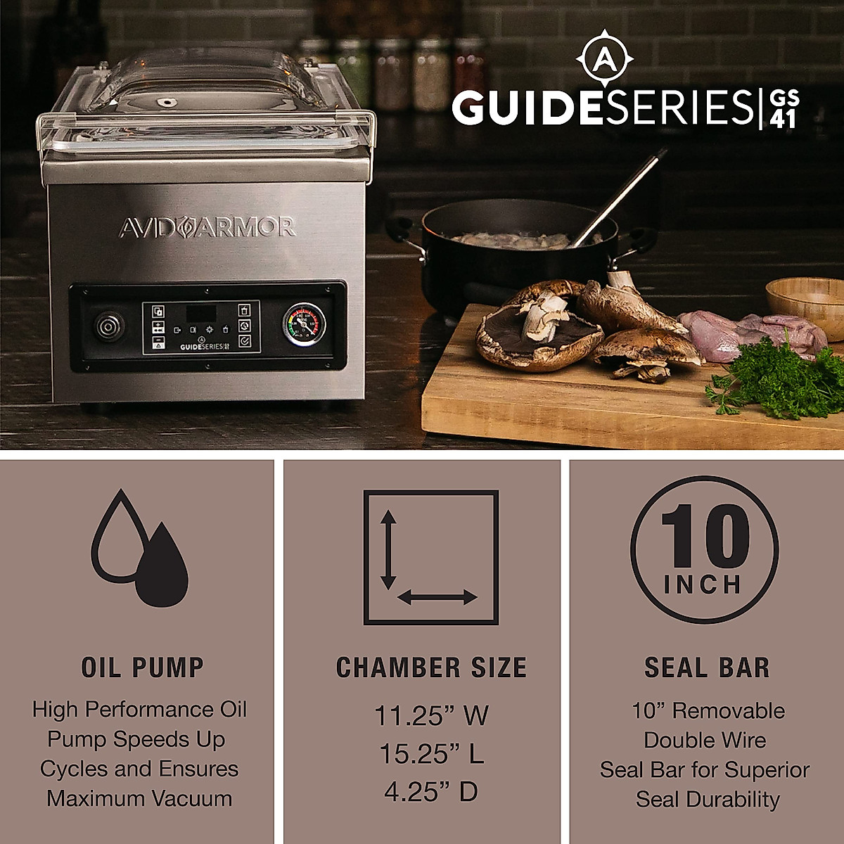 Avid Armor Chamber Vacuum Sealer GS41 Guide Series 10" Seal Bar Powered by Rotary Oil Pump, for Liquid-Rich Wet Foods, Cooking Sous Vide, Infusions/Pickling, Commercial Chamber Sealer (10" Seal Bar)