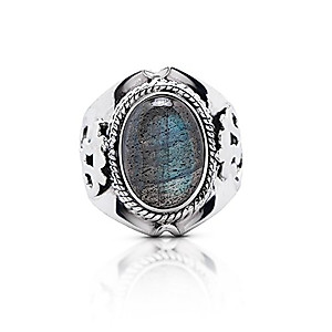 Koral Jewelry Labradorite Oval Stone Gipsy Vintage Om Ring 925 Sterling Silver US Size 7 8 9 10 (8)
