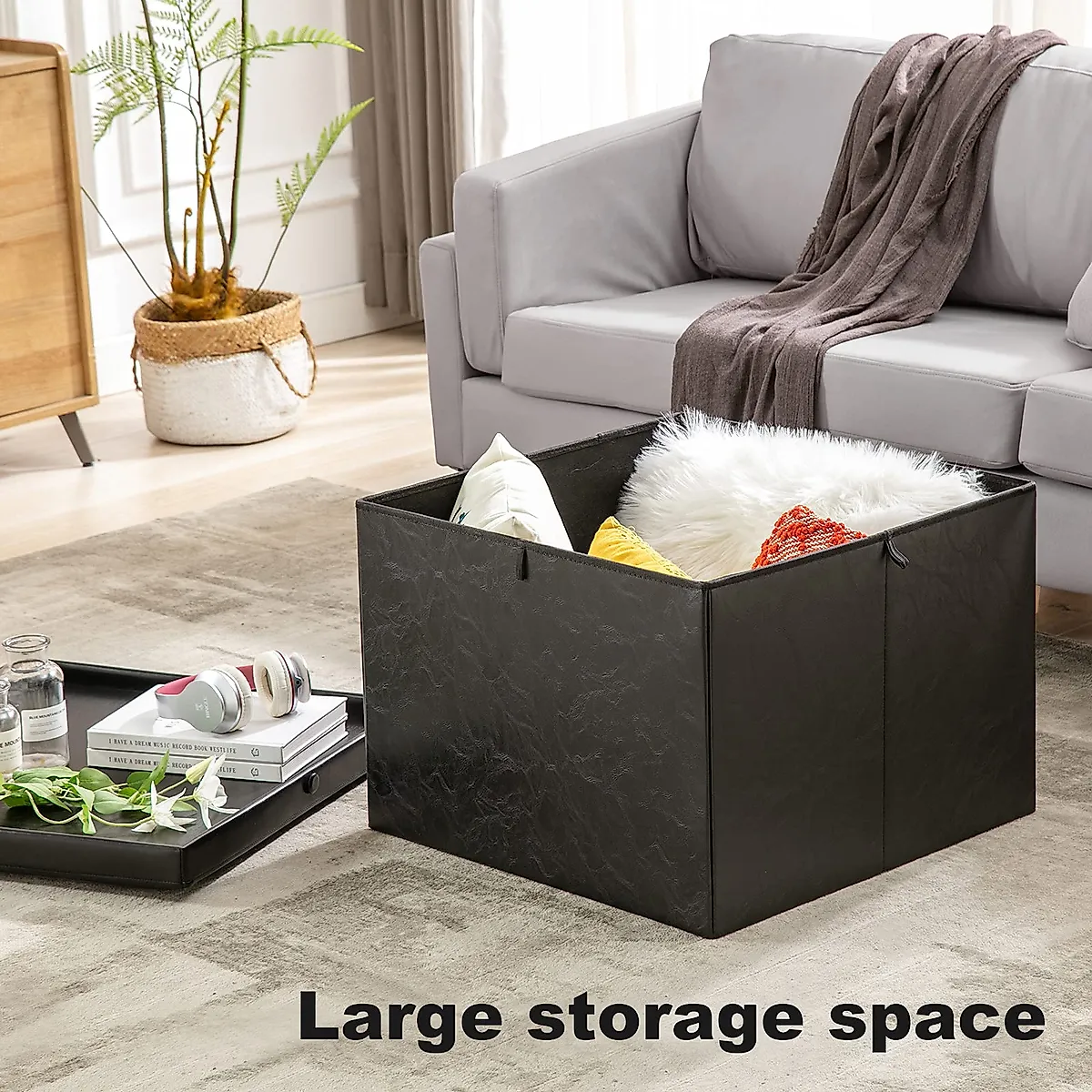 UHSTORAGE Large Square Storage Ottoman Coffee Table with Tray, Faux Leather Storage Ottoman for Living Room Comfortable Footstool with Resilient Sponge Padded Seat, Black
