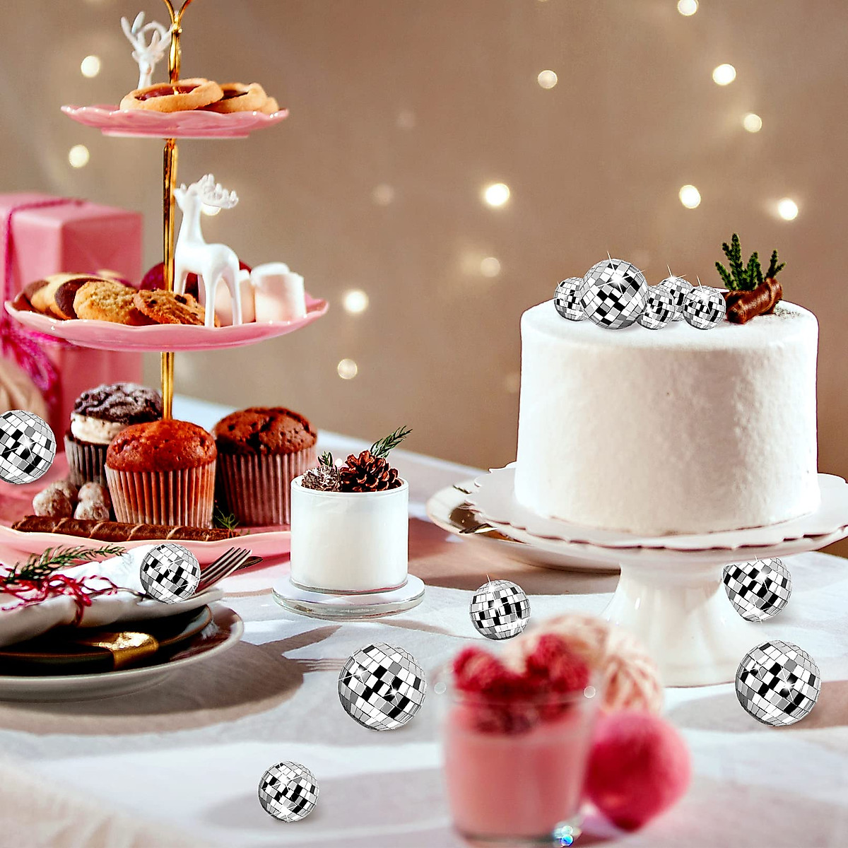 Calluace 50 Pcs Mirror Disco Balls Ornaments,Reflective Mini Disco Ball Decorations,Silver Mini Disco Balls,Disco Ball Ornament for Festive Holiday Party Decor (1.2 Inch, 2 Inch)