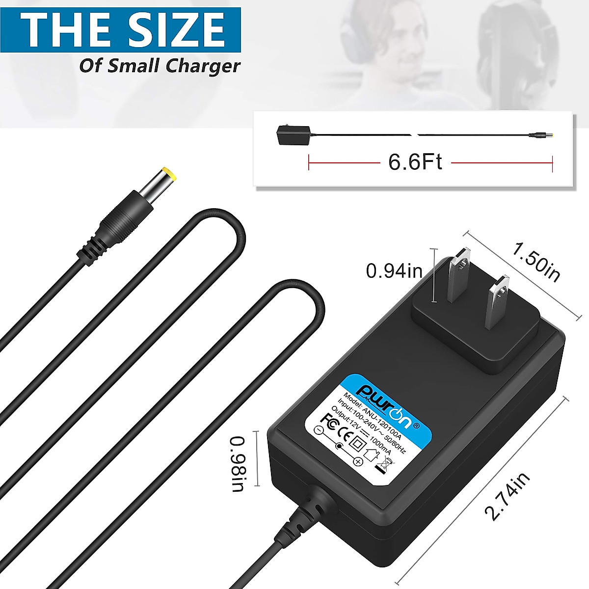 PwrON 6.6 FT Long 12V AC Adapter for Sony TMR-RF985R MDR-RF985R TMRRF985R MDRRF985R Wireless Headphone RF Stereo Transmitter Power Supply Cord