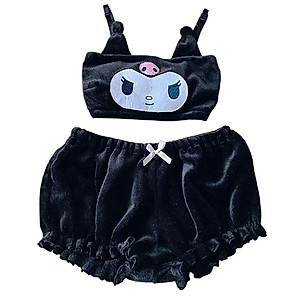 BZB Kawaii Anime Cute Pajamas Set for Women Sweet Lovely Velvet Tube Top and Shorts Two Piece Cartoon Sleepwear Sets Black
