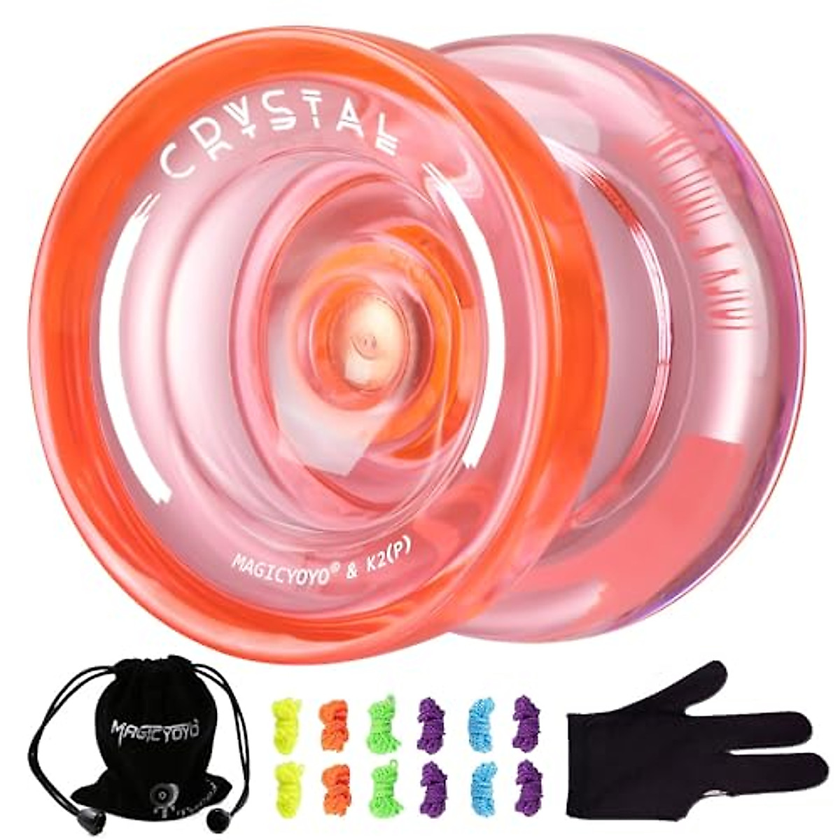 MAGICYOYO K2 Crystal Orange Professional Responsive Yoyo Ball with Yo Yo Bag+ Yo-yo Glove+ 12 Yoyos Strings Kit, Plastic Yo-yos