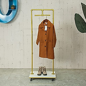 Ethemiable Industrial Pipe and Wood Rolling Clothing Retail Store Display Stands, Entrance Porch Organization Hanging Garment Rack,Wall Mounted Storage Clothes Towel Shoe Bag Pipe Shelf (Gold)