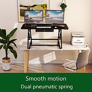 Lubvlook Standing Desk Converter, 42 x 24 Inches Height Adjustable Sit Stand Desk Riser for Dual Monitors with Drawer, Black