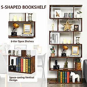 Augester 6-Tier Bookshelf, Wood S-Shaped Bookcase with Anti-toppling Device, Freestanding Display Shelf for Living Room, Bedroom, Office (Coffee)