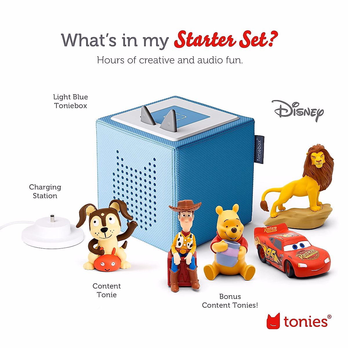 Toniebox Audio Player Starter Set with Woody, Lightning McQueen, Simba, Winnie-The-Pooh, and Playtime Puppy - Listen, Learn, and Play with One Huggable Little Box - Light Blue