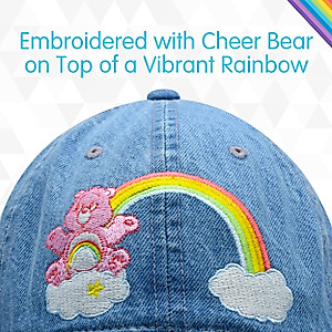 Care Bears Dad Hat, Cheer Bear Rainbow Design Baseball Cap with Curved Brim, Denim, One Size