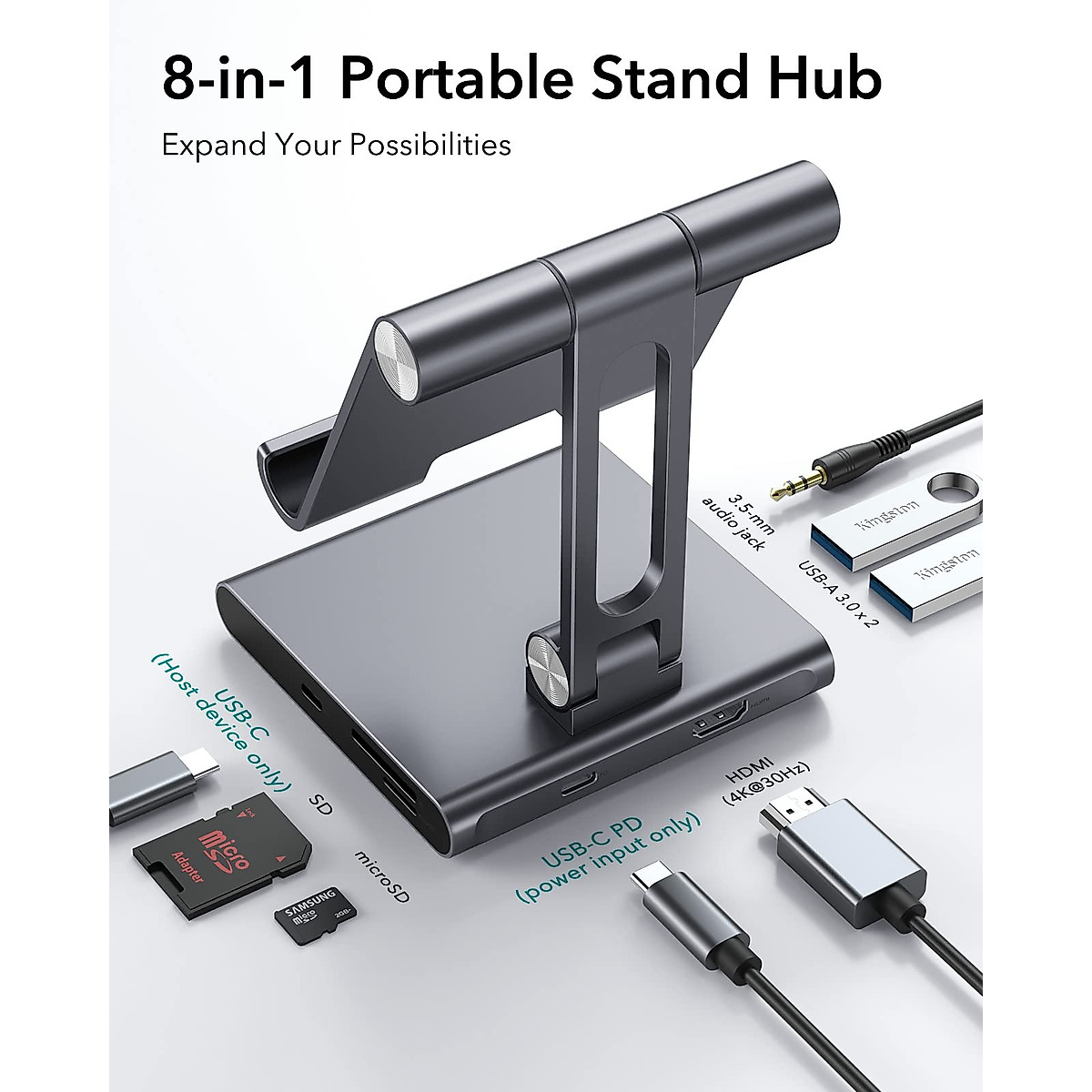 ESR 8-in-1 Portable Stand Hub, USB C Hub with Adjustable Stand, 100W PD Charging, 2 USB 3.0 Ports, 4K HDMI, 3.5-mm Jack, SD/microSD Card Slots, Compatible with iPad 10, iPad Pro, and Other USB-C iPads