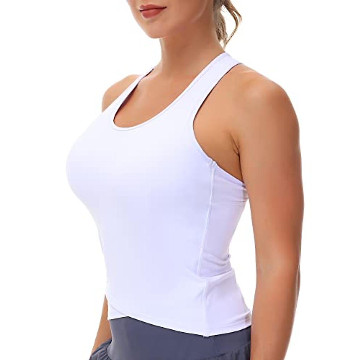 Women’s Racerback Workout Tank Tops with Built in Bra Sleeveless Running Yoga Shirts Slim Fit (Large, White)