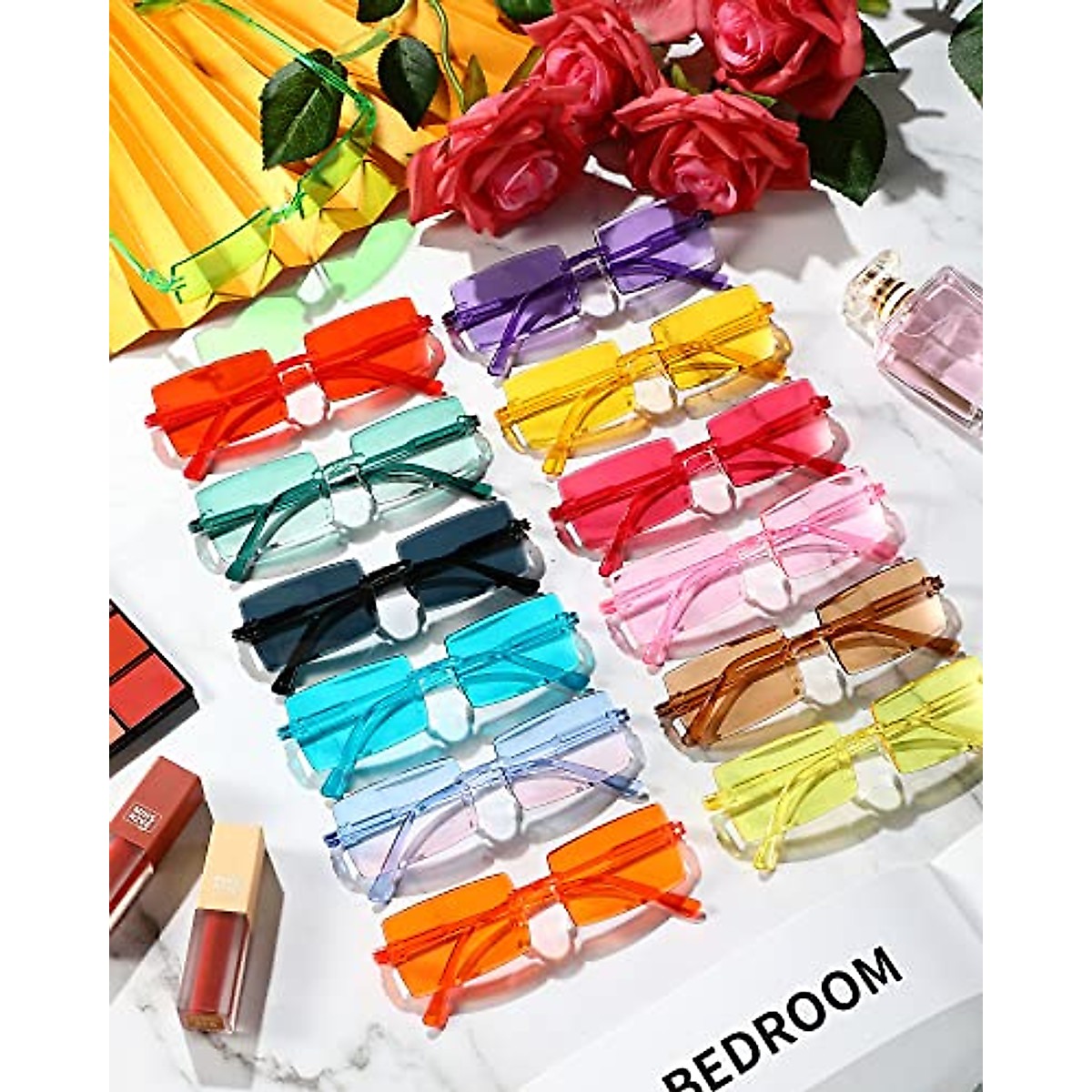 LEIFIDE 16 Pairs Rimless Rectangle Sunglasses Vintage Frameless Sunglasses Transparent Candy Color Glasses Tinted Retro Square Eyewear for Women Men, 16 Colors