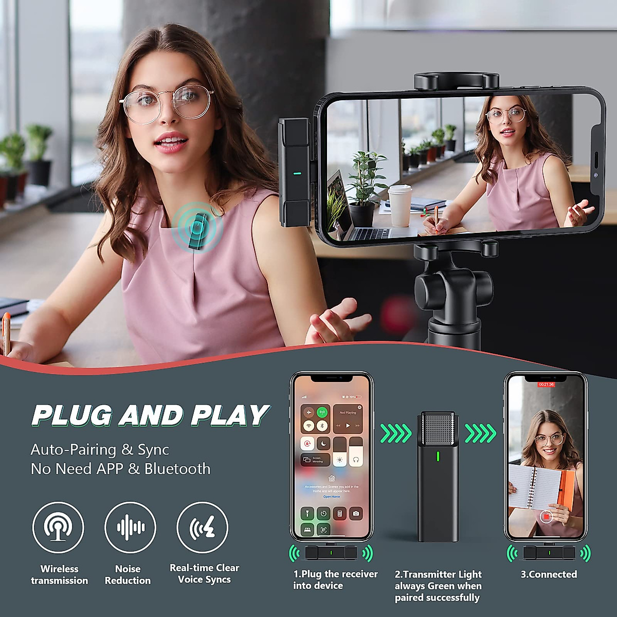 JSSEVN Wireless Lavalier Microphone, 2.4GHz Transmission Technology, 7 Hours of Continuous Use, Compatible with iPhone/iPad with Lightning Connectors