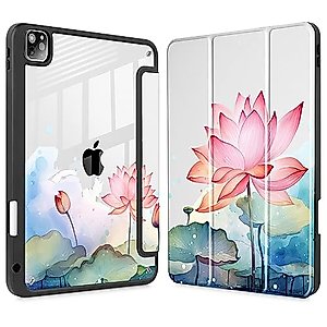 SUROCASE for iPad Pro 11 Inch M2 Case, Clear Back & TPU Cover with Trifold Stand+Pencil Holder for iPad Pro 11 Inch 4th Generation 2022 / 3rd Gen 2021/ 2nd Gen 2020 / 1st Gen 2018, Spring Lotus