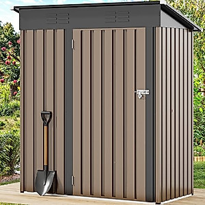 DWVO Metal Outdoor Storage Shed 5x3ft, Lockable Tool Sheds Storage with Air Vent for Garden, Patio, Lawn to Store Garbage Can, Lawnmower, Brown