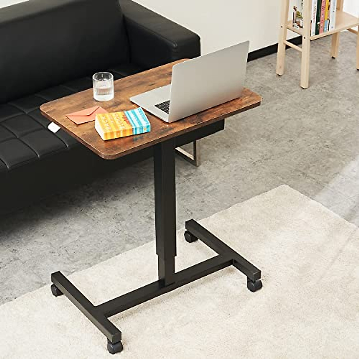 CLATINA Mobile Laptop Desk Pneumatic Sit to Stand Table Height Adjustable Rolling Cart with Lockable Wheels for Home Office Computer Workstation 28" x 19" Brown Round Edge Design Elegant - Fidel