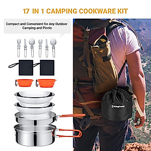 KingCamp 17/25pcs Stainless Steel Camping Cookware Mess Kit Camping Cooking Set Backpacking Gear Lightweight Pots and Pans Set with Folding Knife Fork for Camping Hiking Picnic