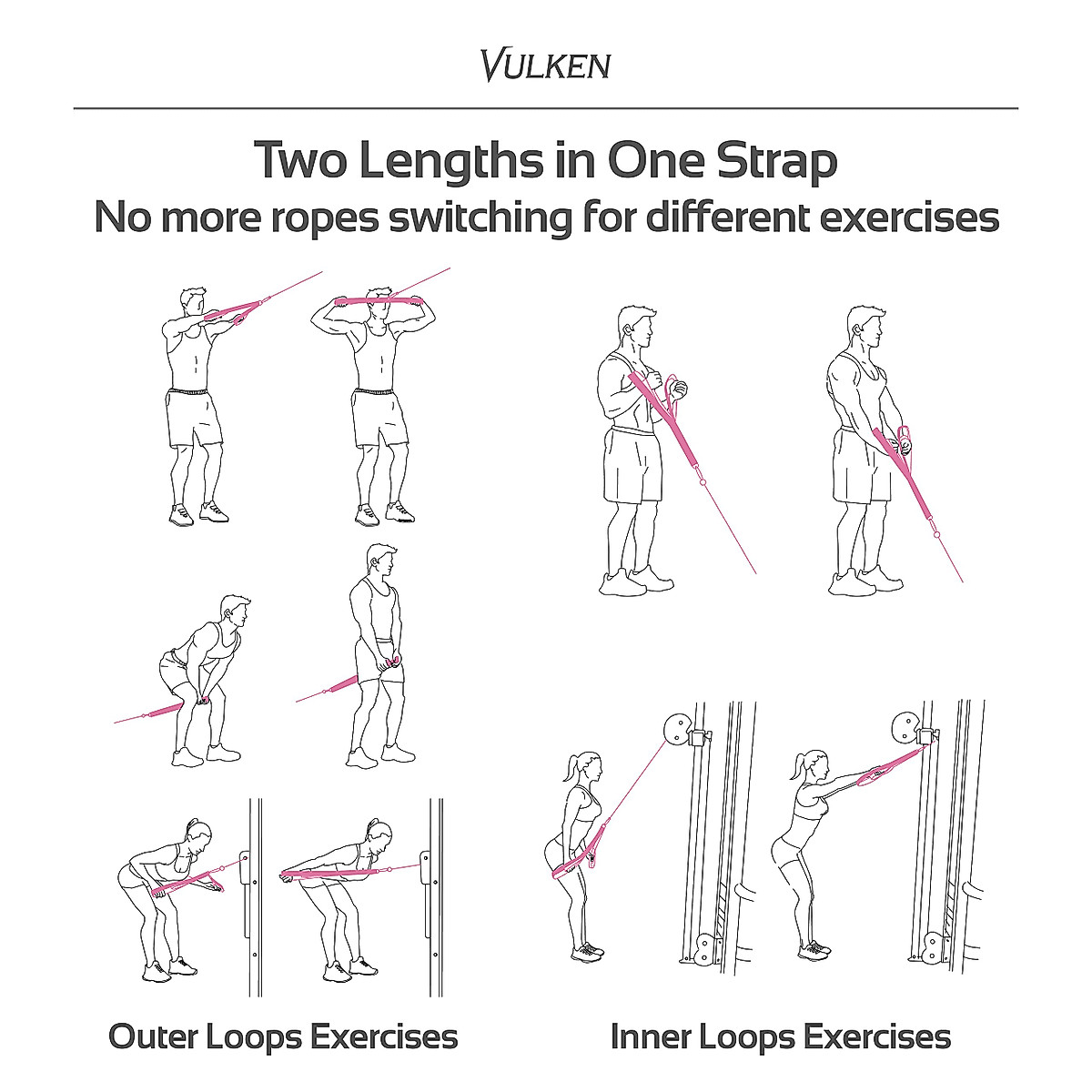 Vulken Tricep Rope Cable Attachment. 24 Inch & 17 Inch Two Lengths Built in One Pull Down Rope. Triceps Extension Straps Gym Equipment. Home Workout Handles for Resistance Bands, Pink