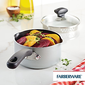 Farberware Cookstart DiamondMax Nonstick Straining Saucepan, Dishwasher Safe, 1 Quart, Silver