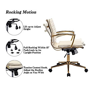 CIMOTA Leather Office Chair Comfortable Mid-Back Gold Office Desk Chair with Wheels and Arms Gold Frame Modern Ergonomic Conference Task Chair Swivel Chair for Teens Adults, PU Beige