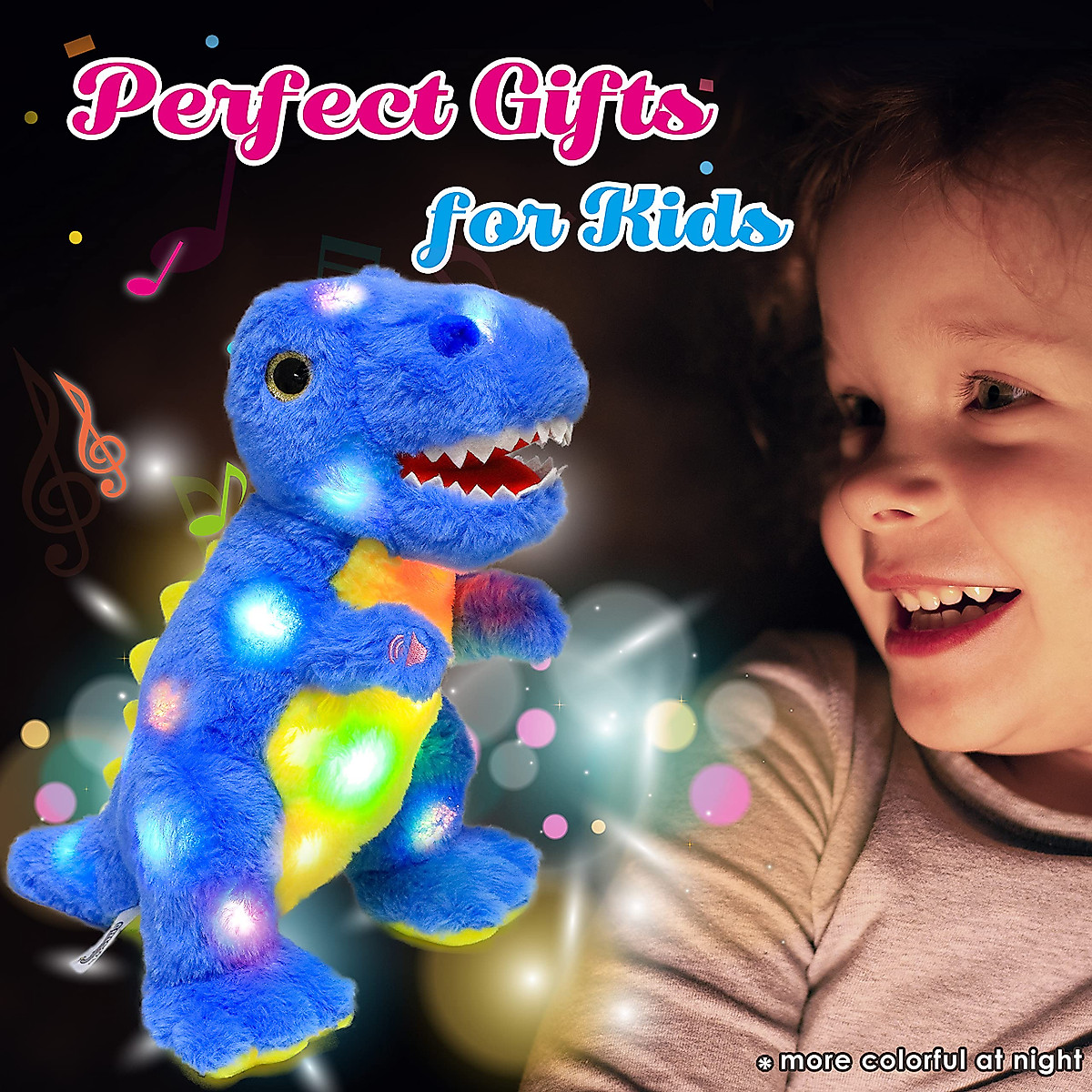 Cuteoy Blue Dinosaur LED Musical Stuffed Animal Light-up Singing Plush T-Rex Adjustable Volume Lullaby Plushies Birthday Christmas Toy Gifts for Kids Toddler Girls, 12"