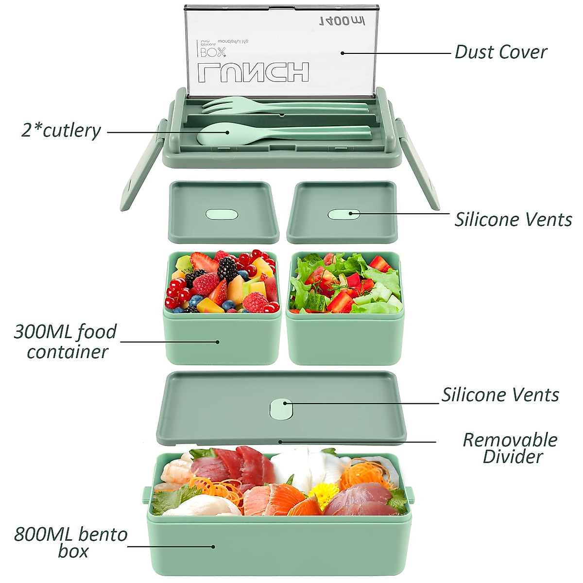 CHZZMS 2 Pack Bento Box Adult Lunch Box,49OZ Leakproof Eco-Friendly Stackable Bento Lunch Box Meal Prep for Dining Out, Work, Picnic, School (green+pink)