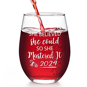 Futtumy Graduation Gift, She Believed She Could So She Mastered It 2023 Stemless Wine Glass, 2023 Graduation Gifts for Her Friend Masters Degree College High School Graduates College Grad, 17Oz