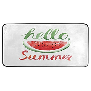 Hello Summer Watermelon Kitchen Rugs Watercolor Bath Mat for Bathroom Absorbent Non Skid Washable Standing Floor Desk Mat Runner Carpet for Home Office Hallway Sink Stove Laundry 39X20 inches