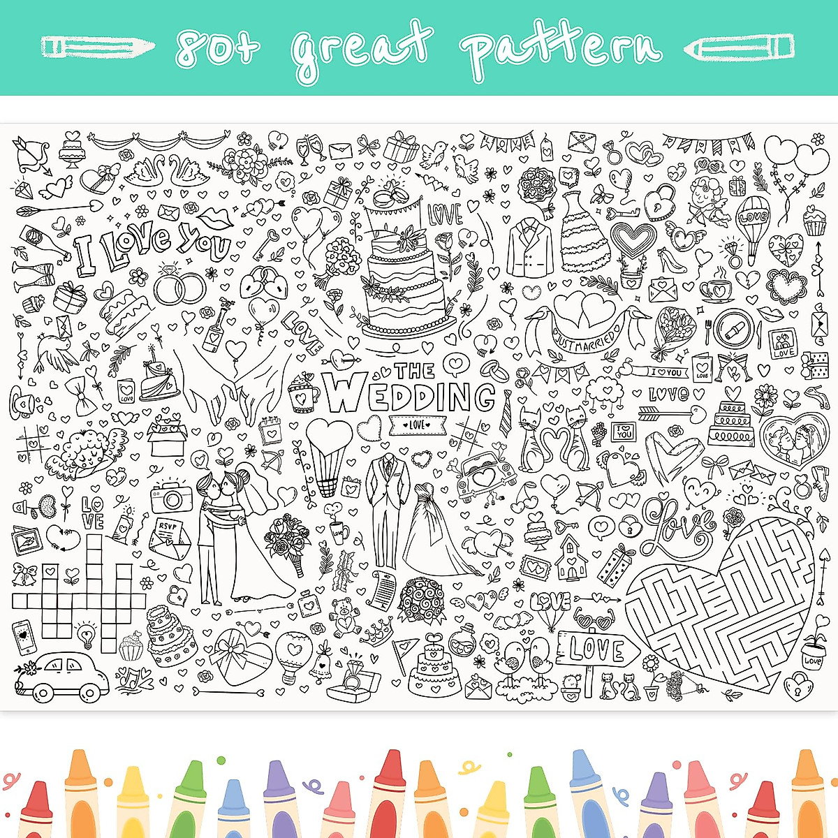 GWHOLE Giant Coloring Poster 40 x 28 Inch Table Cloth Wedding Themed Coloring Tablecloth Colorable Tablecloth for Wedding, Bridal Shower
