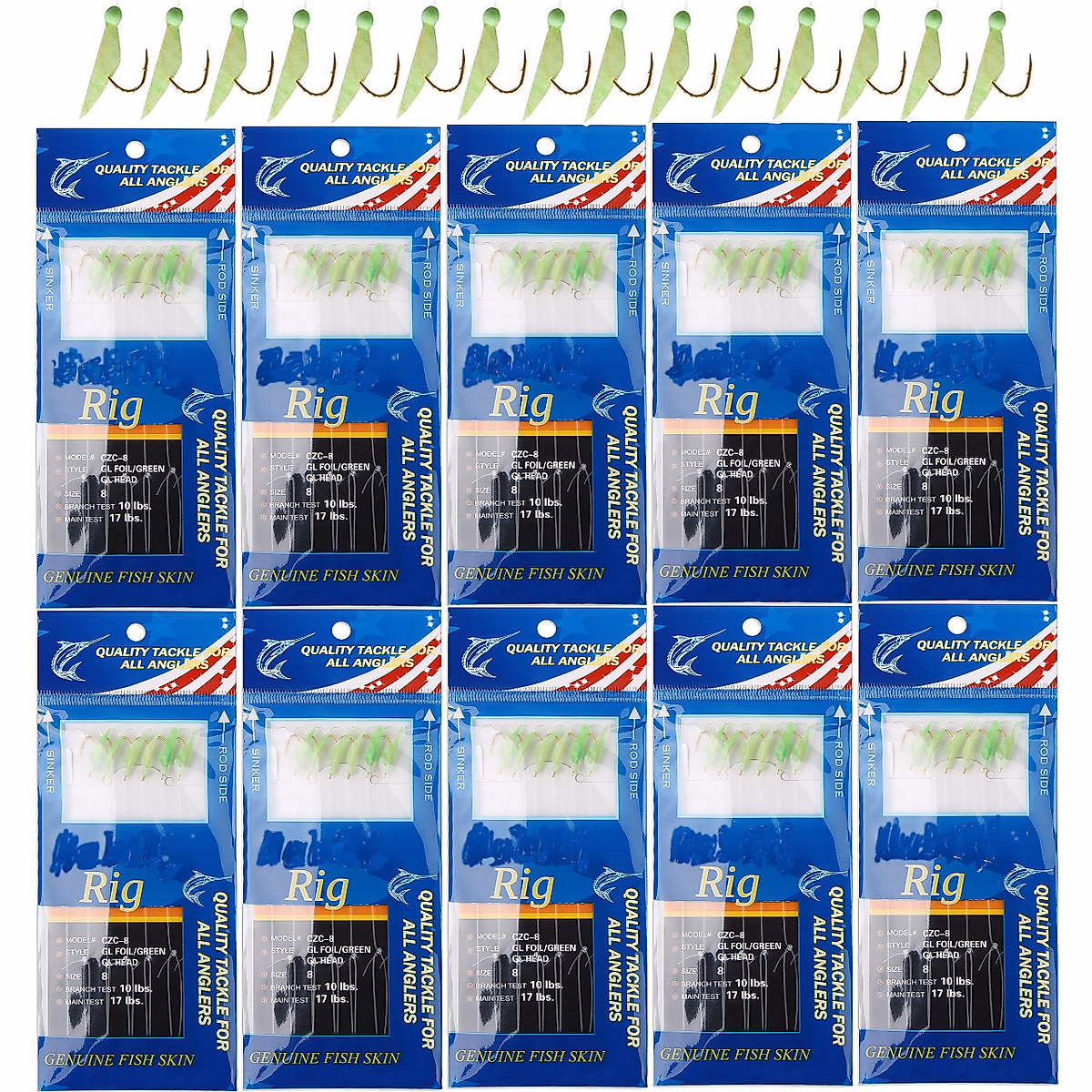 Fishing Bait Rigs Saltwater, 10Packs Surf Fishing Rigs with Fish Skin Feather Fishing Hooks Swivels Glow Beads Rigs Sea Bass Rigs Fishing Bait Lures (CZC, 8#)